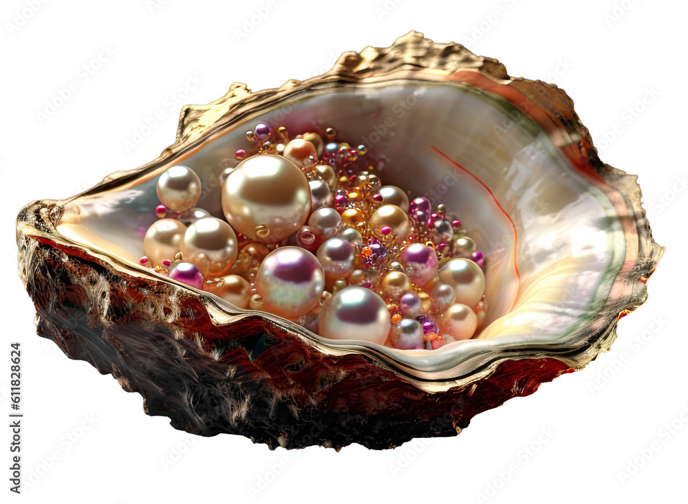 Oyster shell filled with pearls isolated on transparent background ...