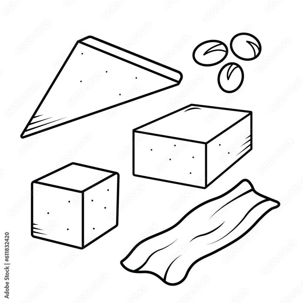 Vecteur Stock Tofu with cube, triangle, tofu skin, and soy beans black ...