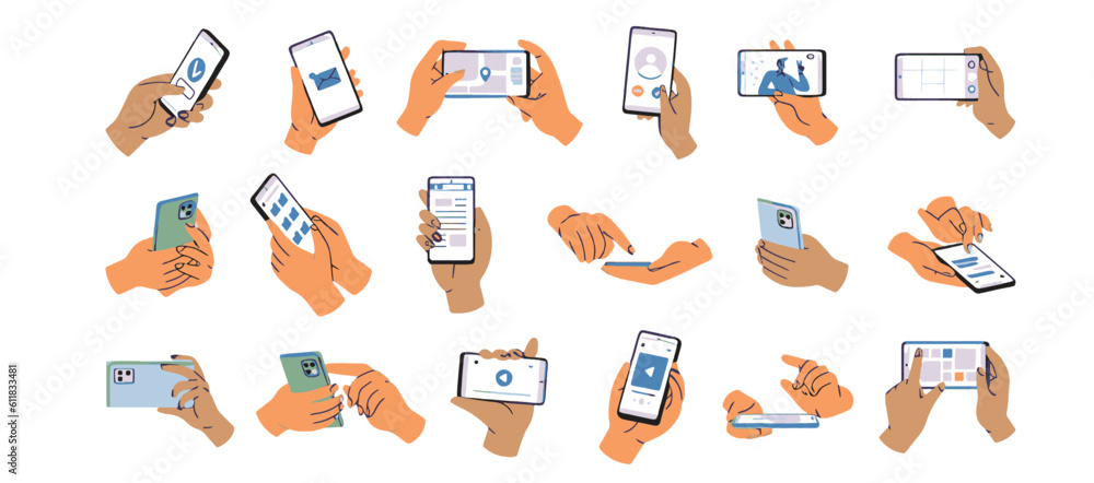 Hands Holding Mobile Phones Set Fingers Touching Tapping Scrolling