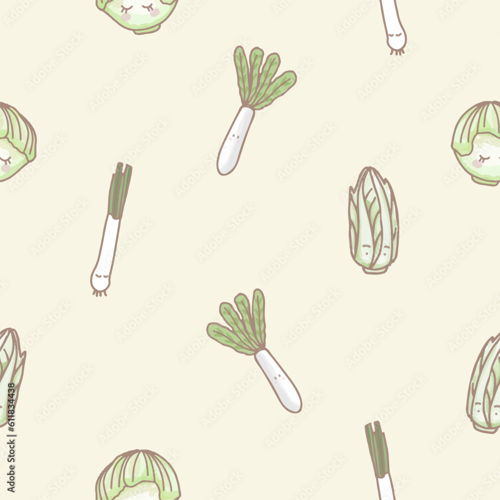 seamless watercolor cabbage , spring onion, radish and Napa cabbage ...