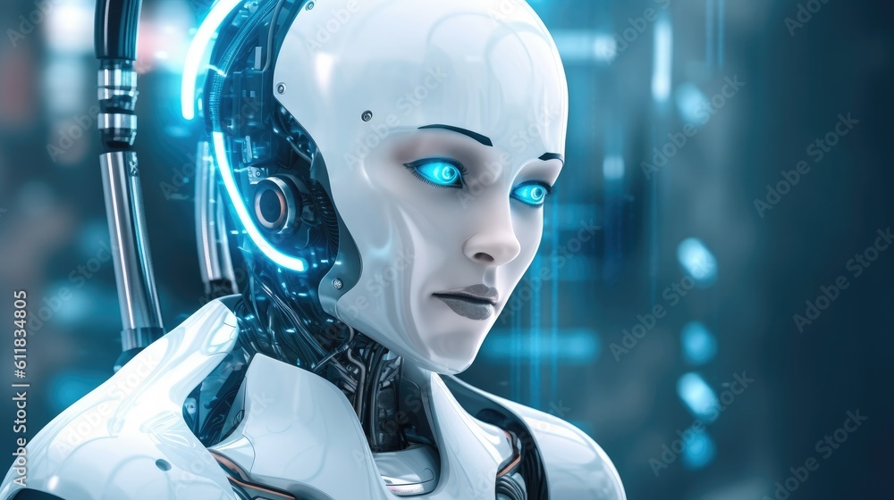 Cyborg woman side view banner, High tech Ai bot background with copy ...