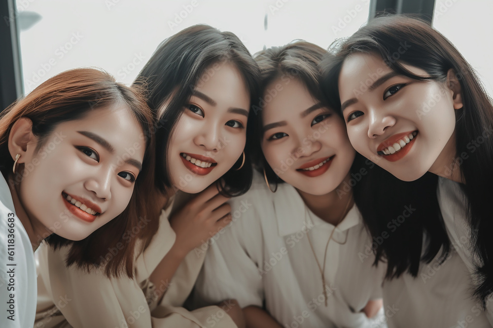 Happy girl friend group are taking group photo with smile and l ...