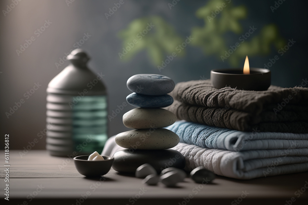 Stack of towels are on table with candles and stone with blur ...