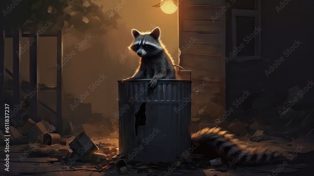 Image of a raccoon rummaging through a trash can in a city alleyway ...