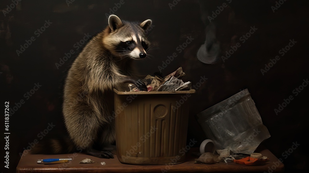 Image of a raccoon rummaging through a trash can in a city alleyway ...