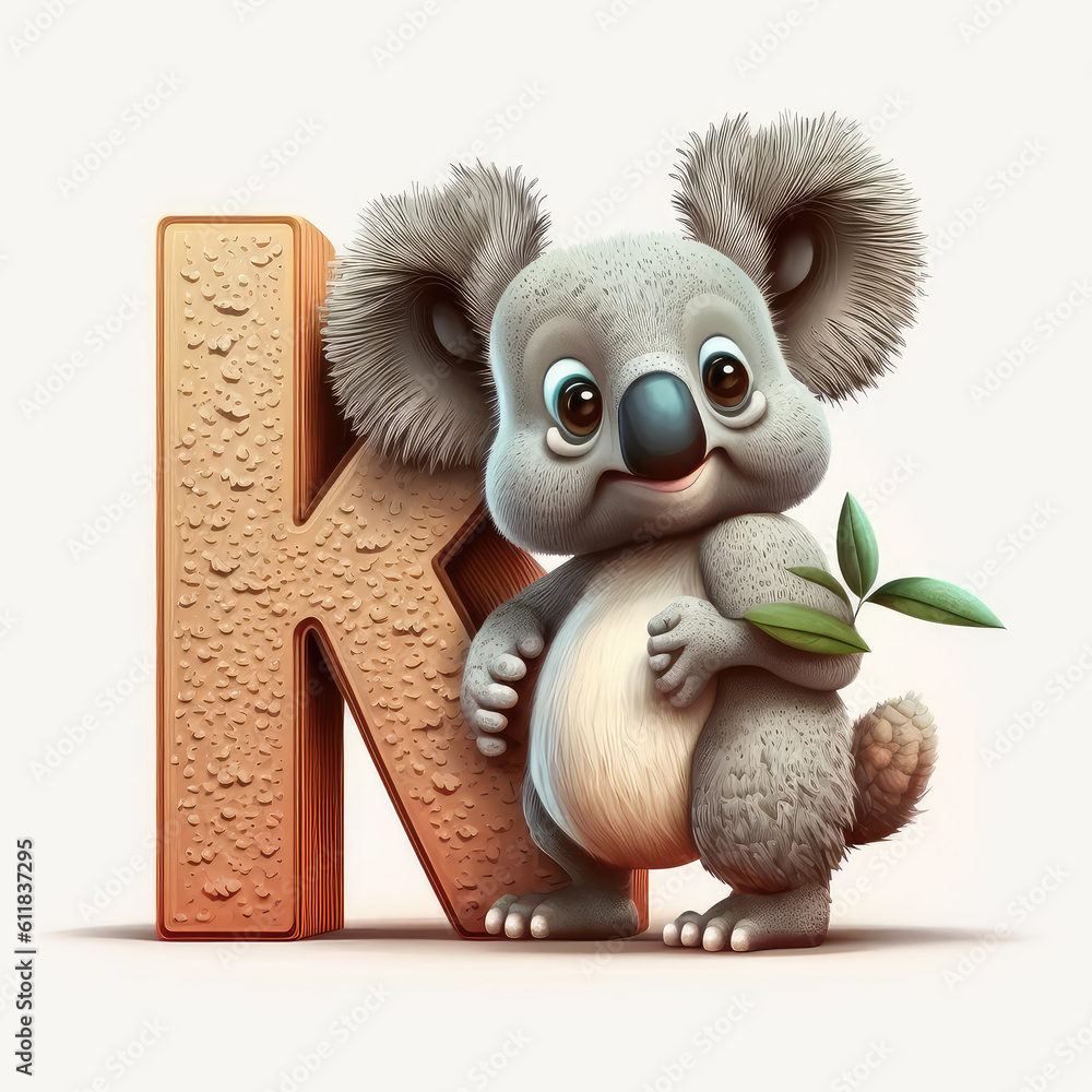 Kids alphabet. Cute grey cartoon koala, standing near orange letter K ...