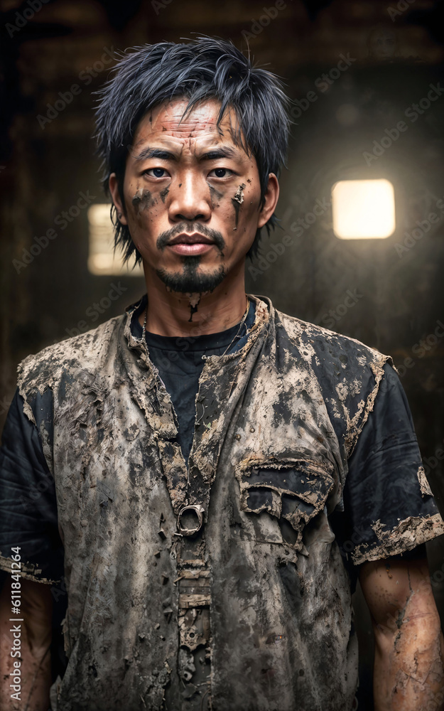 Poor homeless people in dirty cloth at dark and dirty messy place ...