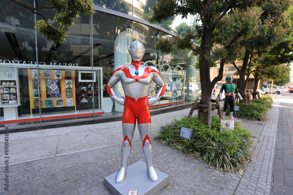 Tokyo, Japan - 3 May 2023: Bandai office in Asakusa and statue of Ultra ...