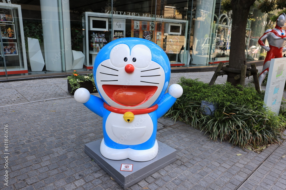 Tokyo, Japan - 3 May 2023: Bandai office and statue of Doraemon in ...