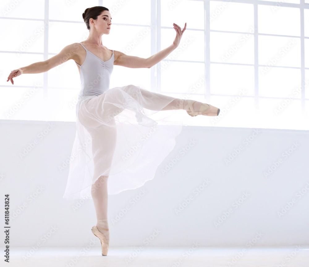 Dance, ballet and moving with woman in studio for balance, elegant and ...