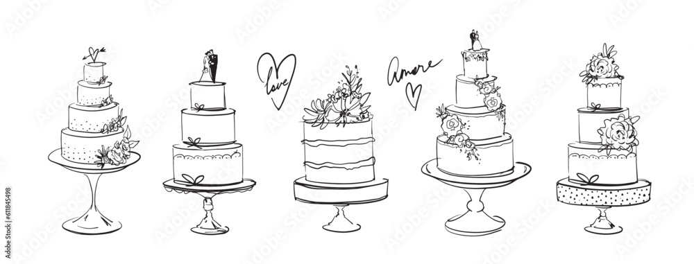 Set of beautiful tiered wedding cakes, trendy sketch, freehand drawing ...