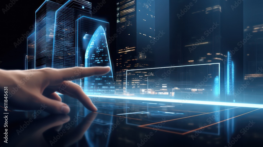 ภาพประกอบสต็อก Hand pointing at digital virtual reality modern ...