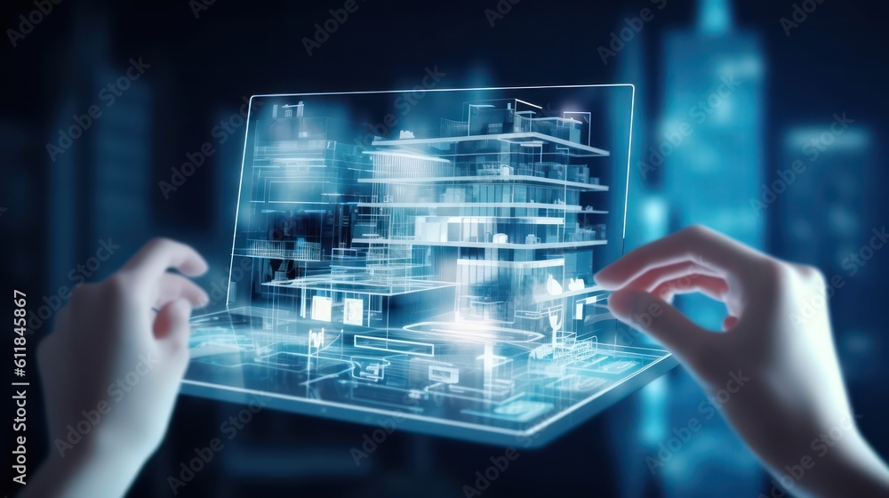 Hand pointing at digital virtual reality modern commercial building ...