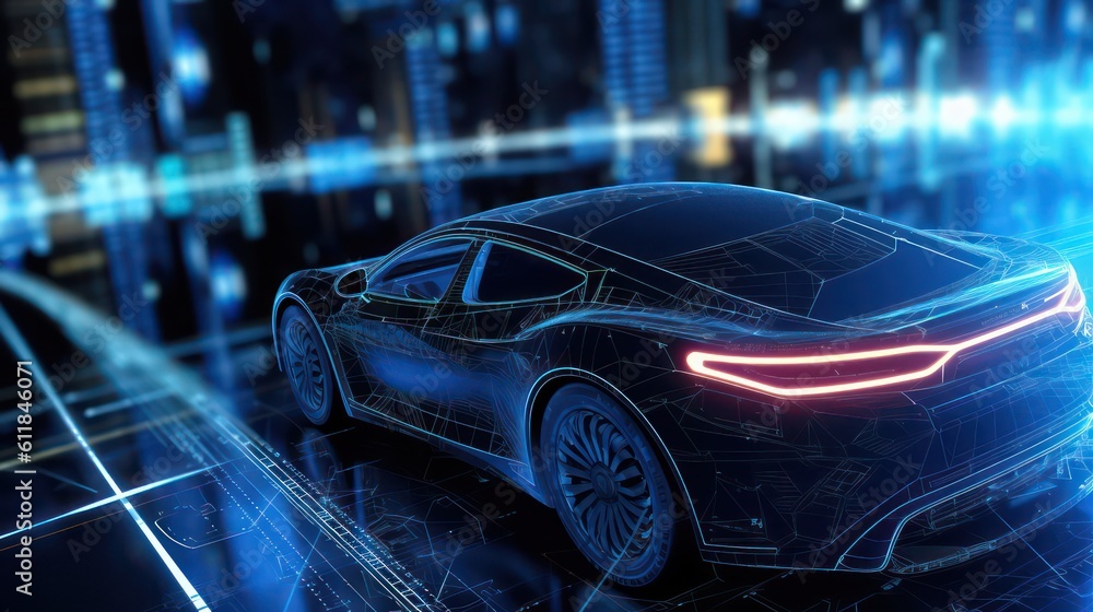 AI generated 3d image of a futuristic holographic wireframe car model ...