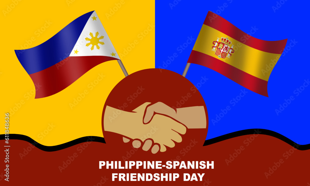 Philippine flag and Spanish flag and a pair of shaking hands and bold ...