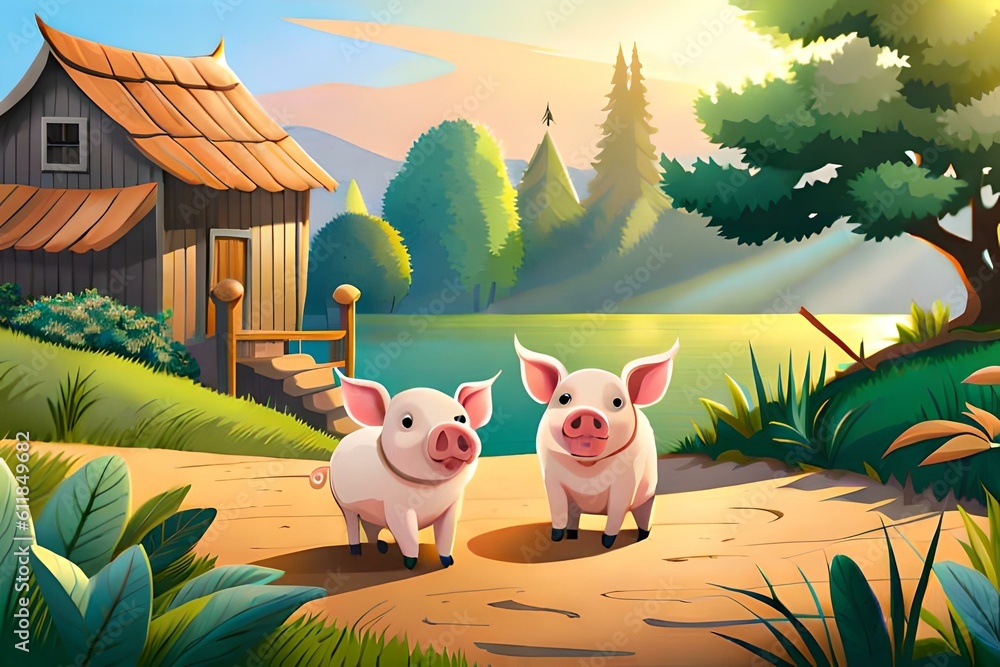 Two piglets in a farm, created with generative AI. Stock Illustration ...