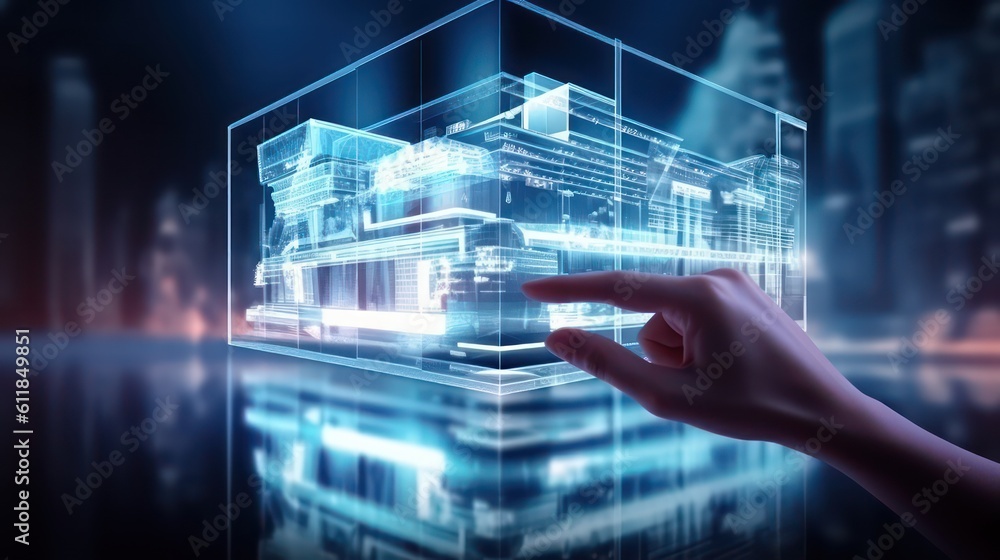 Hand pointing at digital virtual reality modern commercial building ...