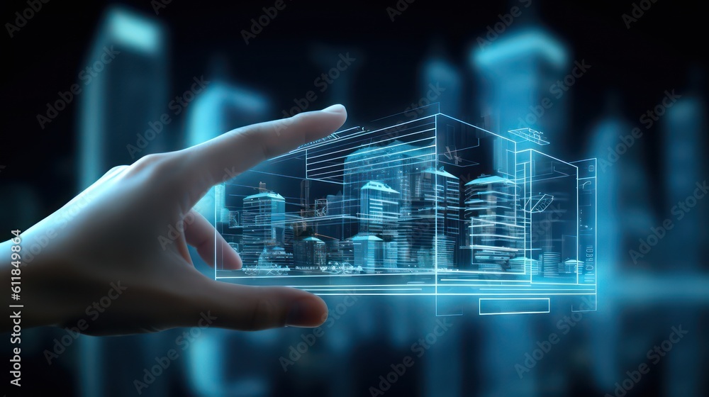 Hand pointing at digital virtual reality modern commercial building ...