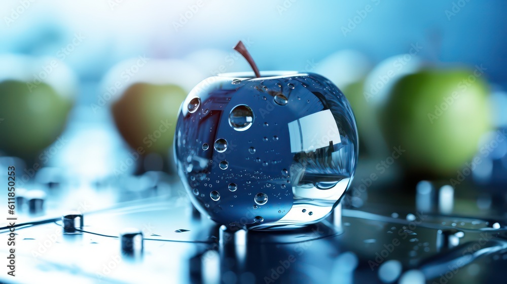 AI generated 3D image of a transparent glass apple with water drops on ...