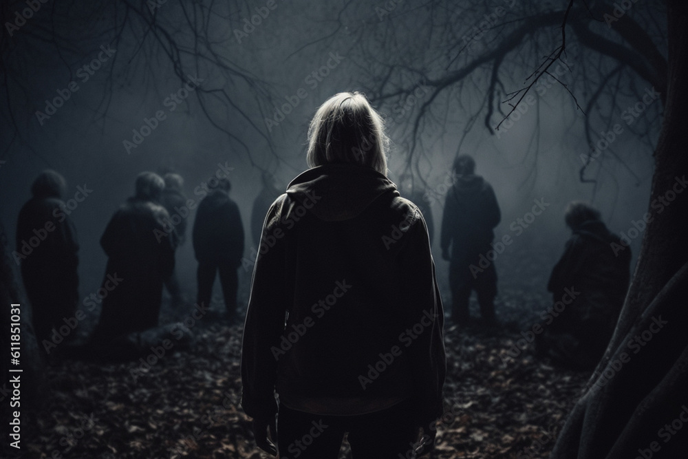 rear view of Woman standing in the spooky forest at night with hordes ...