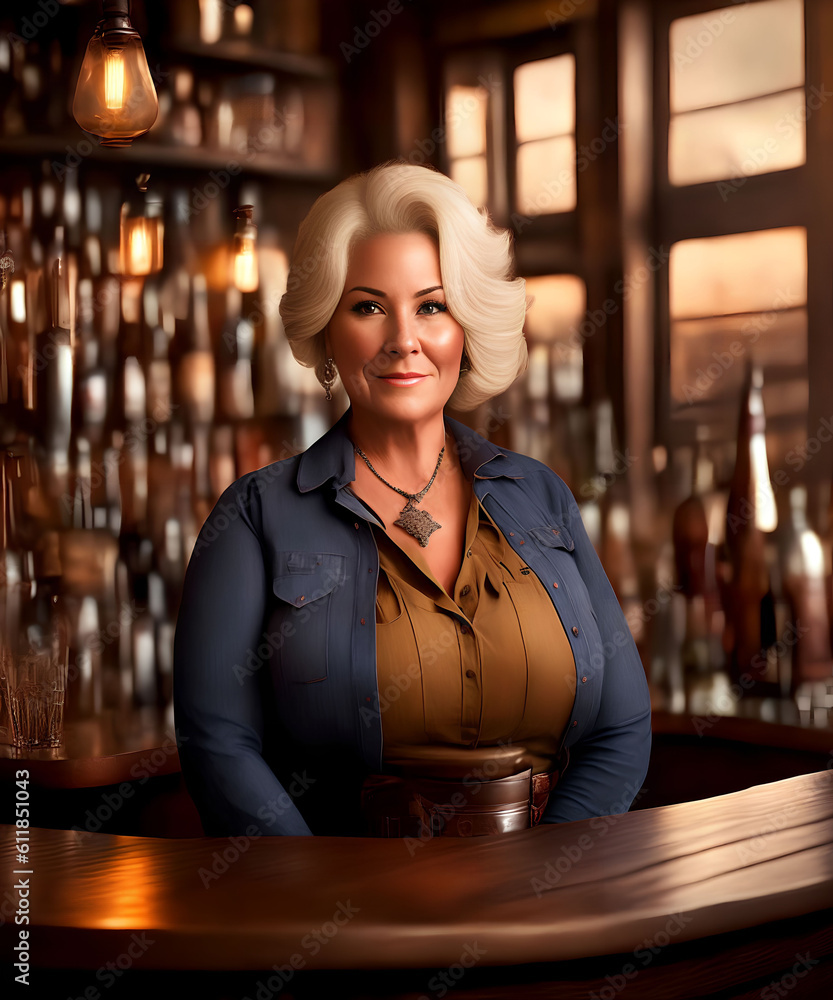 portrait photo of middle aged bartender american women at western bar ...