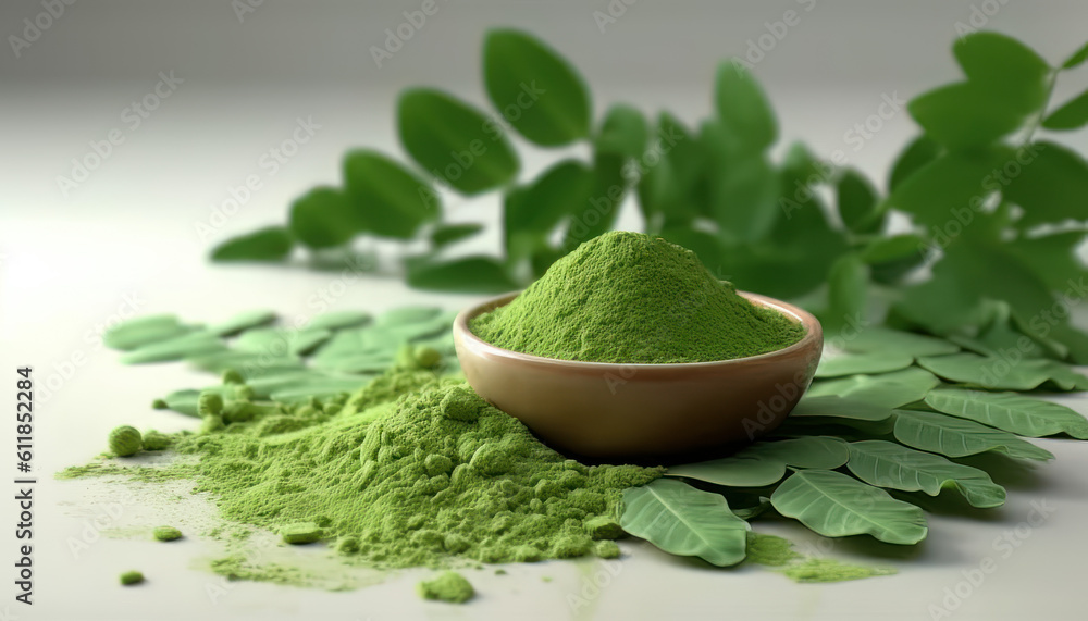 Moringa powder (Moringa Oleifera) in ceramic bowl with original fresh ...