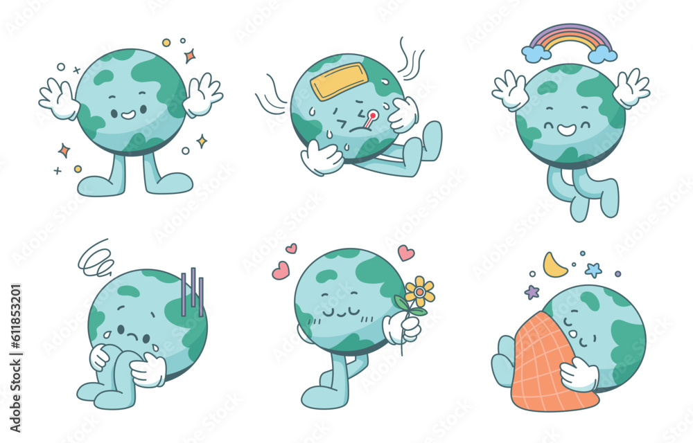 Set of earth characters in trendy cartoon style. Planet mascot with ...