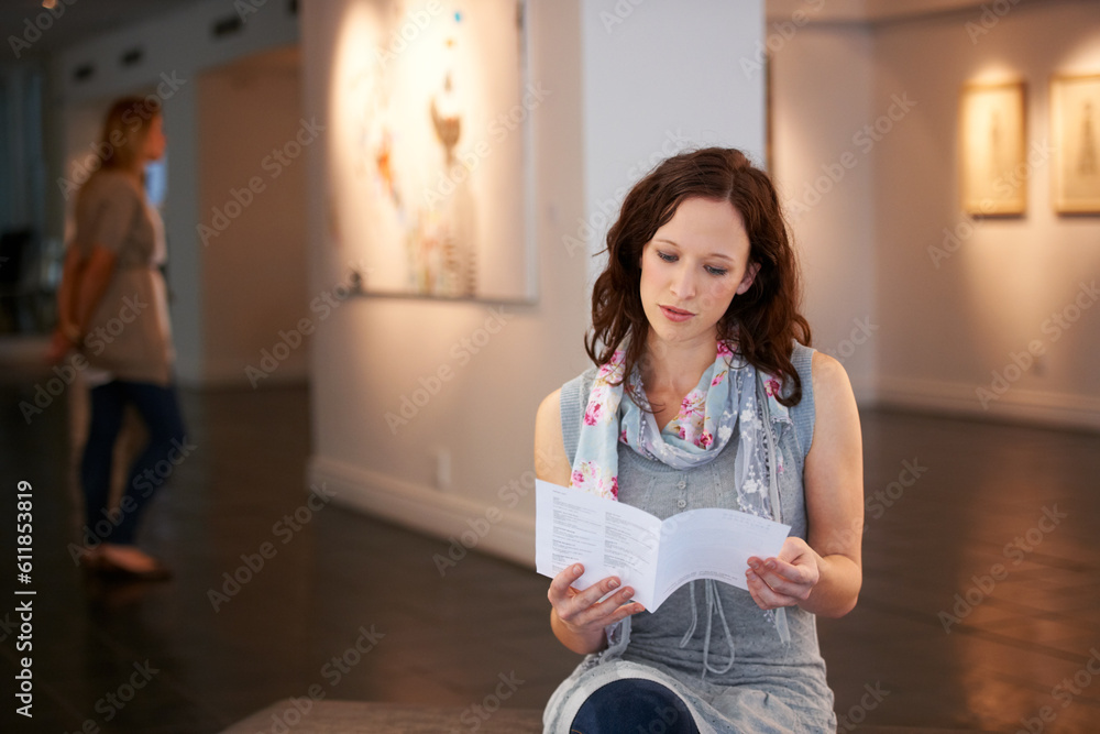 Museum, exhibition and a woman reading in an art gallery while learning ...