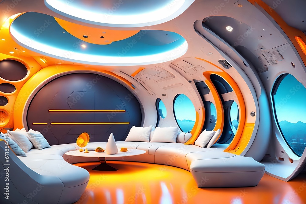 futuristic hard surface interior design of spaceship living room ...