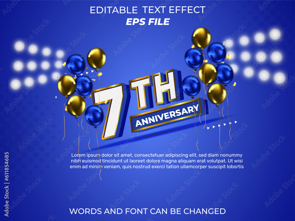 7th th anniversary text effect, font editable, typography, 3d text ...