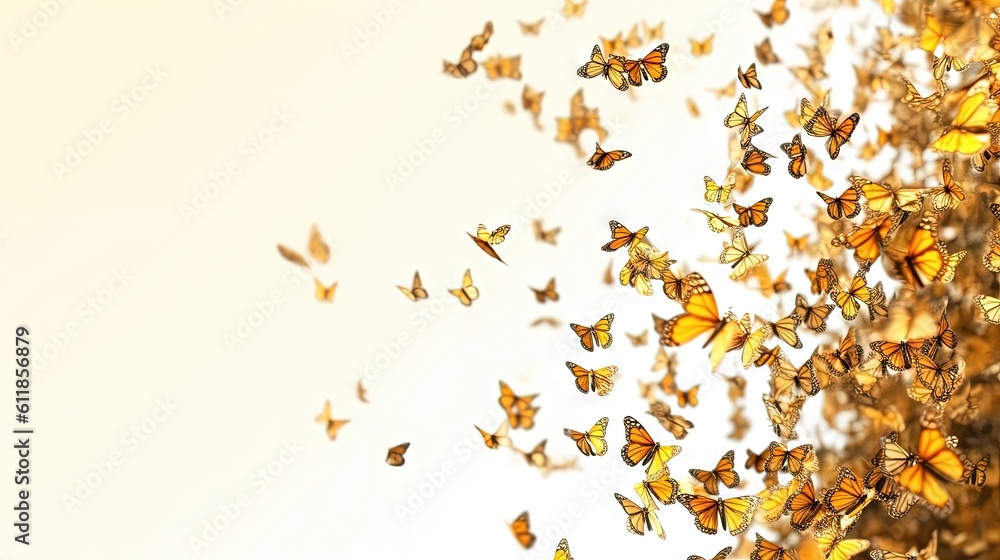 a bunch of yellow butterflies flying in the air with a white background ...
