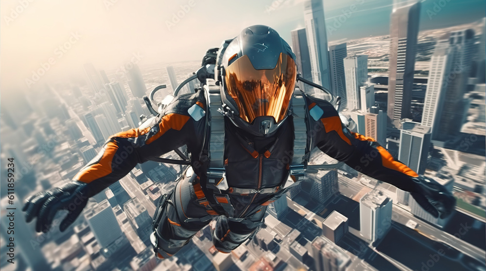 Flying human with jetpack above the city, concept of future jet suit ...