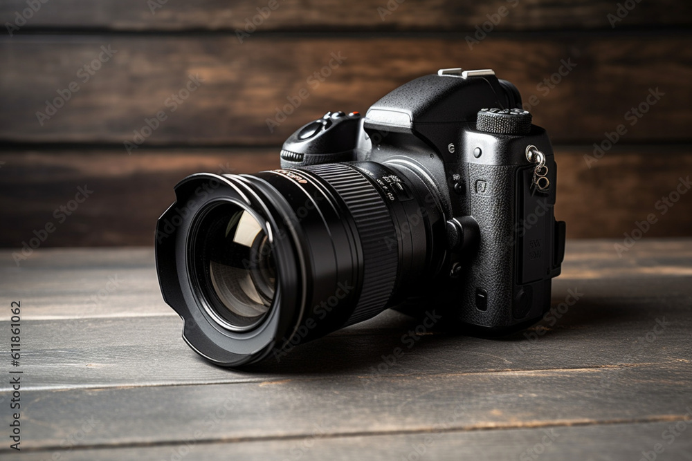SLR Single-lens reflex professional camera on wooden table and concrete ...