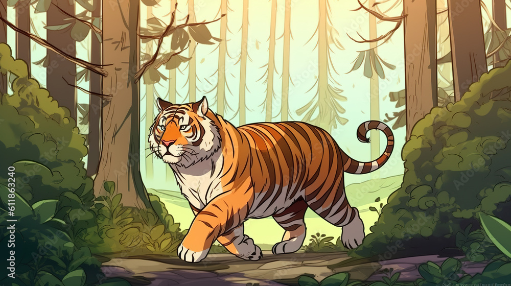 Cute funny fat tiger in forest. Colorful cartoon illustration vector ...