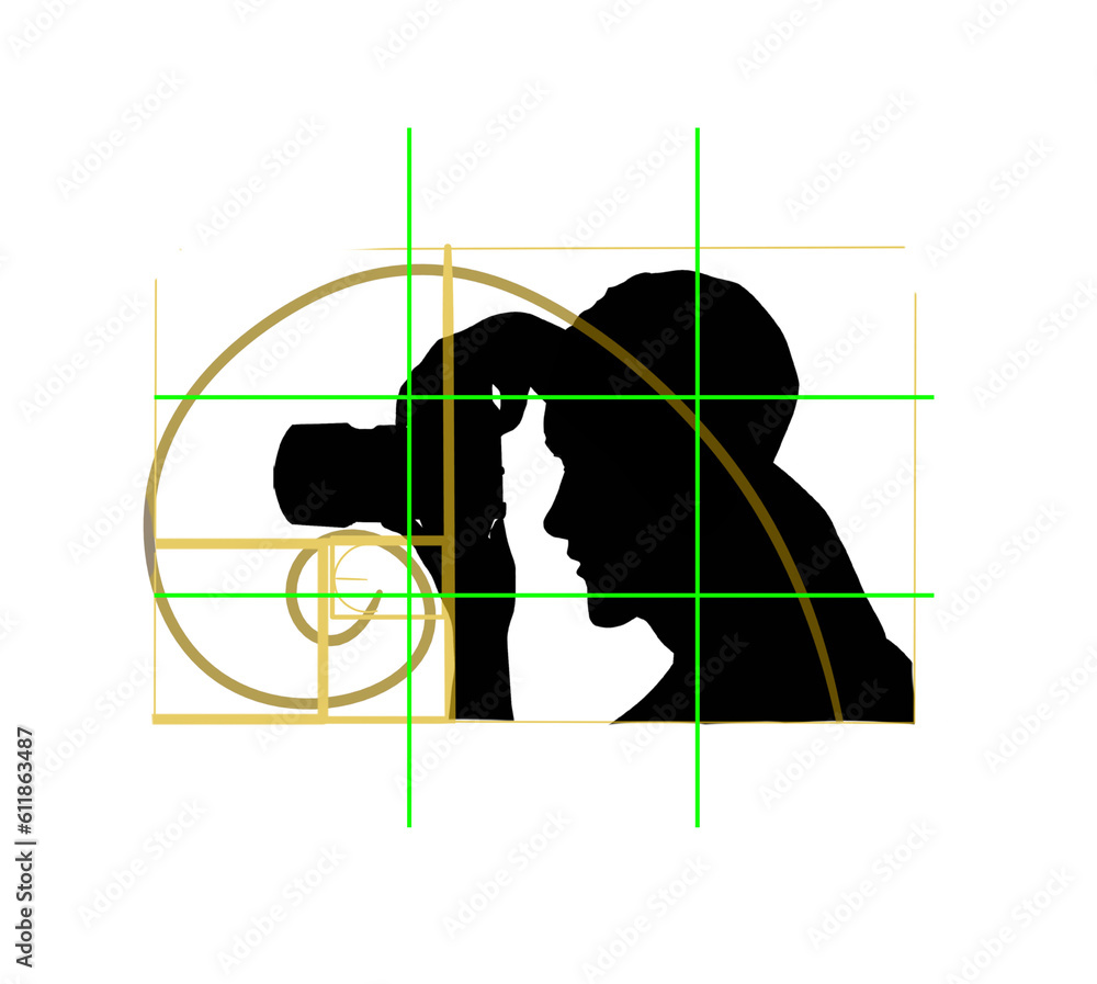 Silhouette photographer with the rule of thirds, golden ratio, white ...