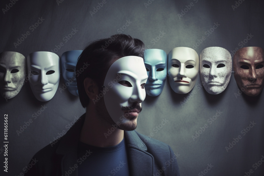 Surreal a man with obscured face showing his mask concept of playing ...