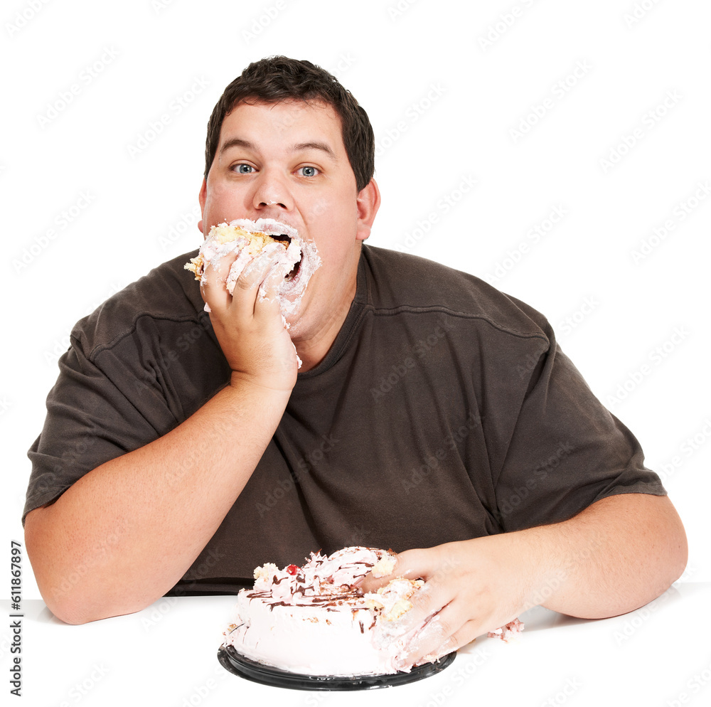 Cake, obesity and overweight man eating desert or unhealthy diet ...