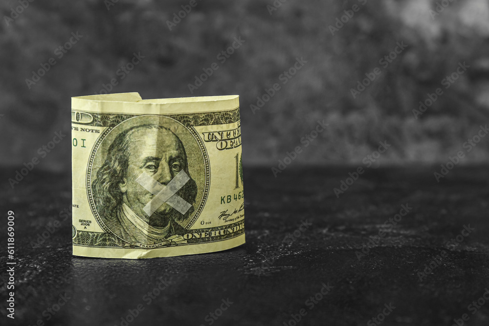 Taped dollar banknote on dark table. Censorship concept Stock Photo ...