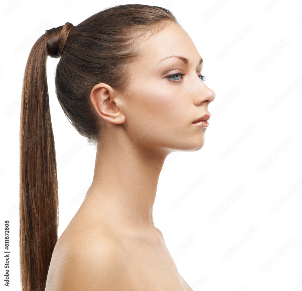 Woman, studio profile and ponytail hair care with beauty, makeup and ...