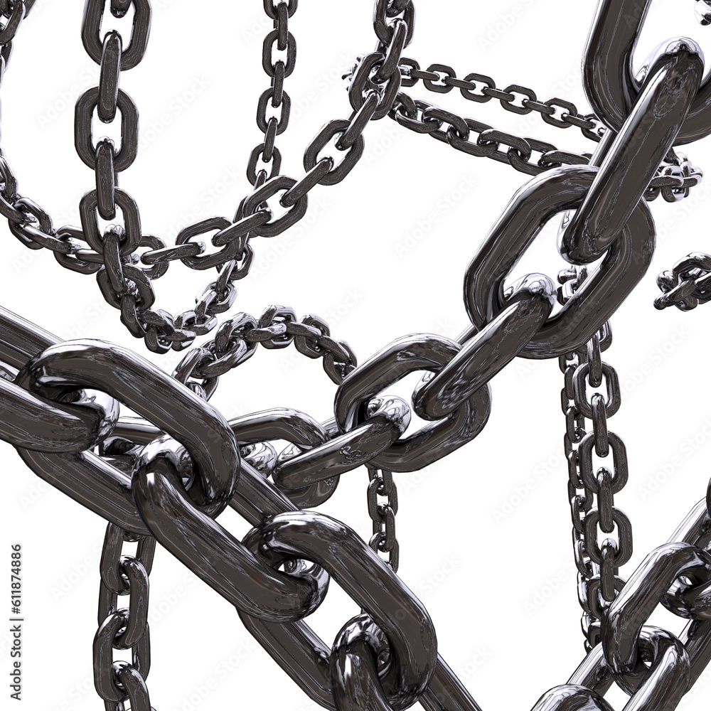 intertwined 3d chrome metal chains render swirling on transparant ...