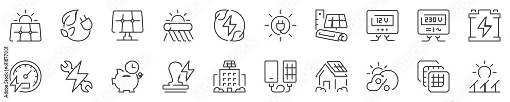 Line icons about solar energy and photovoltaic installations, thin line ...