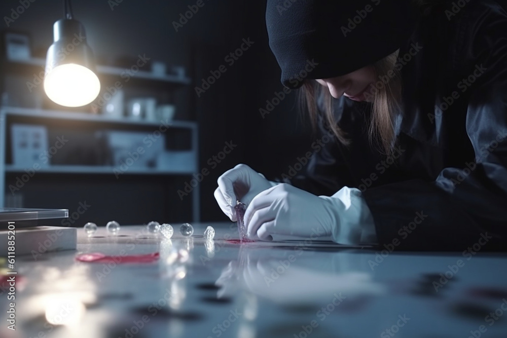 unrecognizable female forensic scientist looking at a pistol bullet ...