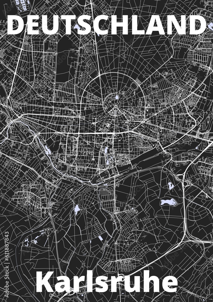 City Karlsruhe map with streets rivers and lakes germany Stock ...