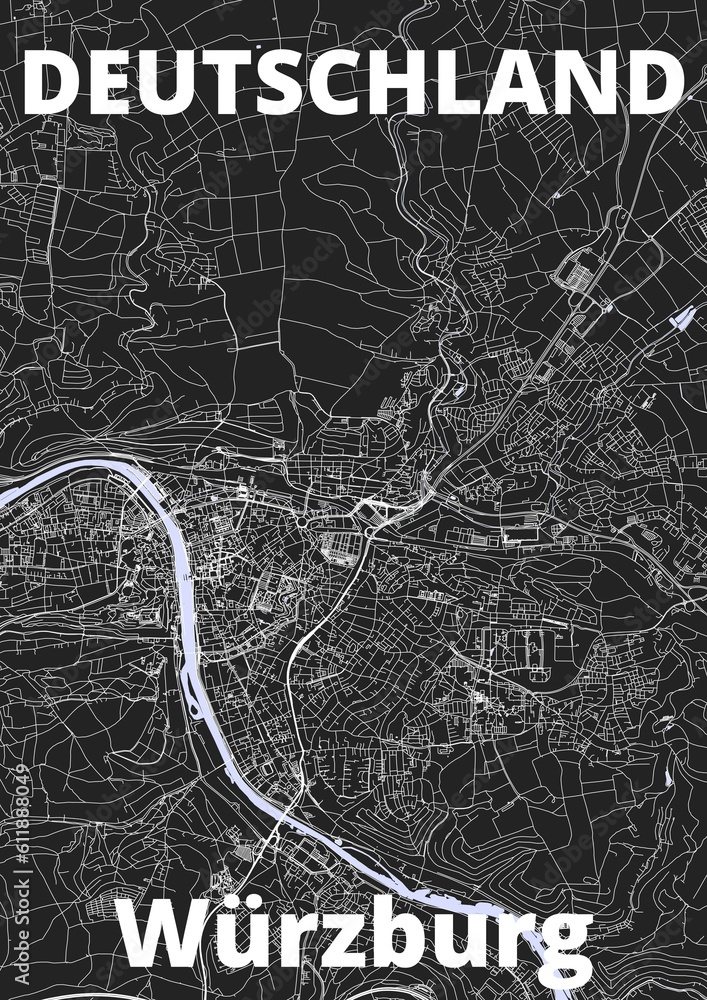 City Würzburg map with streets rivers and lakes germany Stock ...