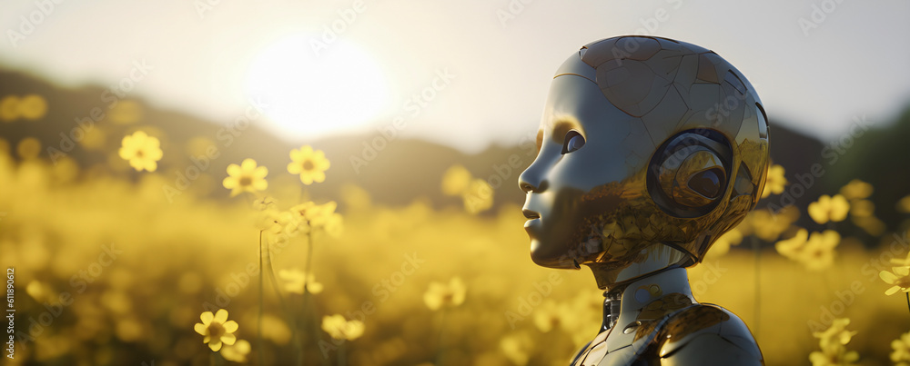 Human like child robot concept, in summer flower field, super realistic ...