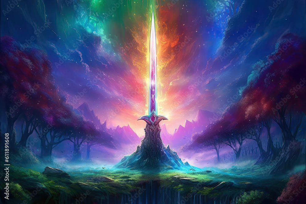 glowing magical fantasy sword, rainbow colors in the sky, adventure ...