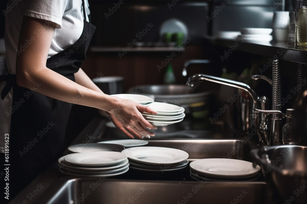 Unrecognizable Waitress washing dish in the kitchen of restaurant Stock ...