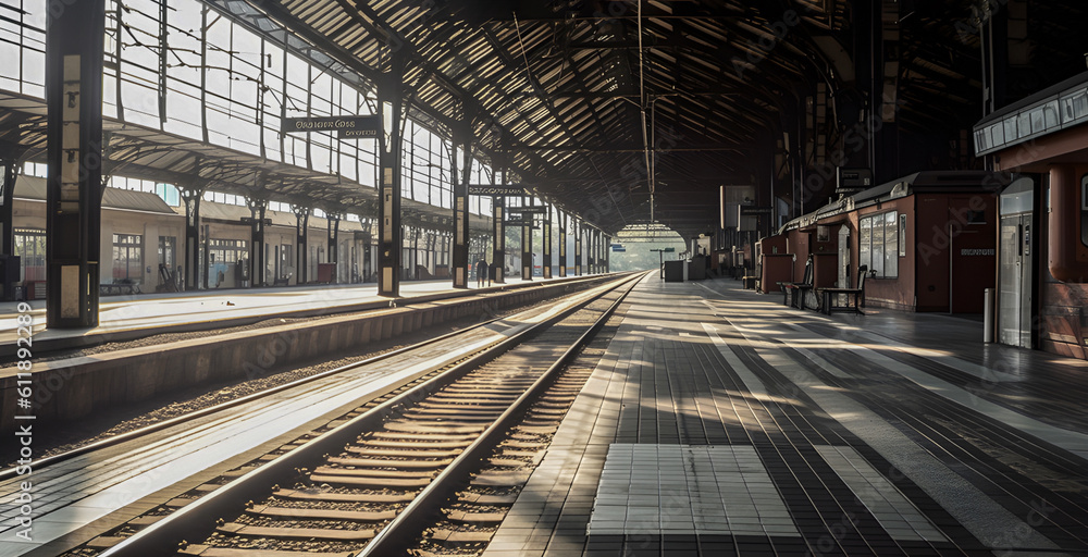 Very detailed image of deserted platform at an empty modern railway ...