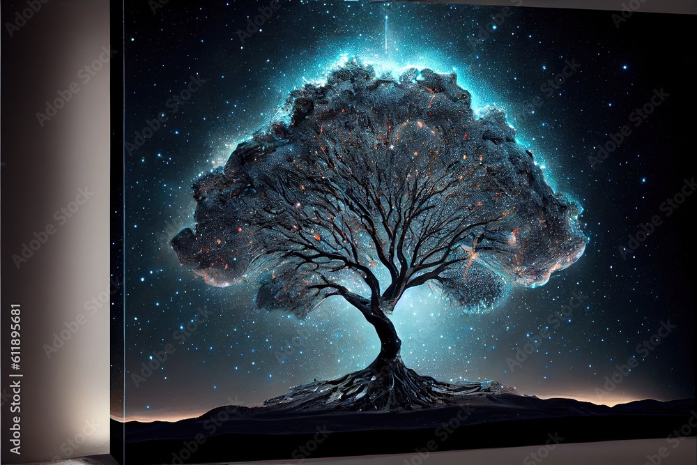 Modern abstract tree with magical neon light on fantasy tree frame ...