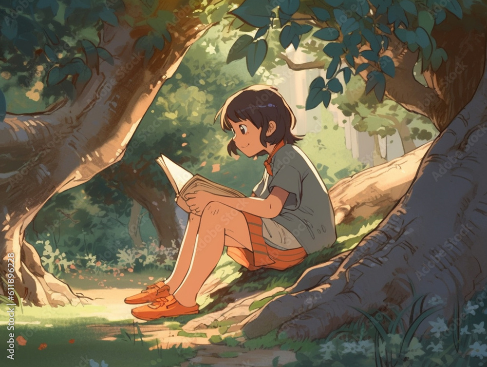 2D cartoon illustration of a child reading a book under a shady tree ...